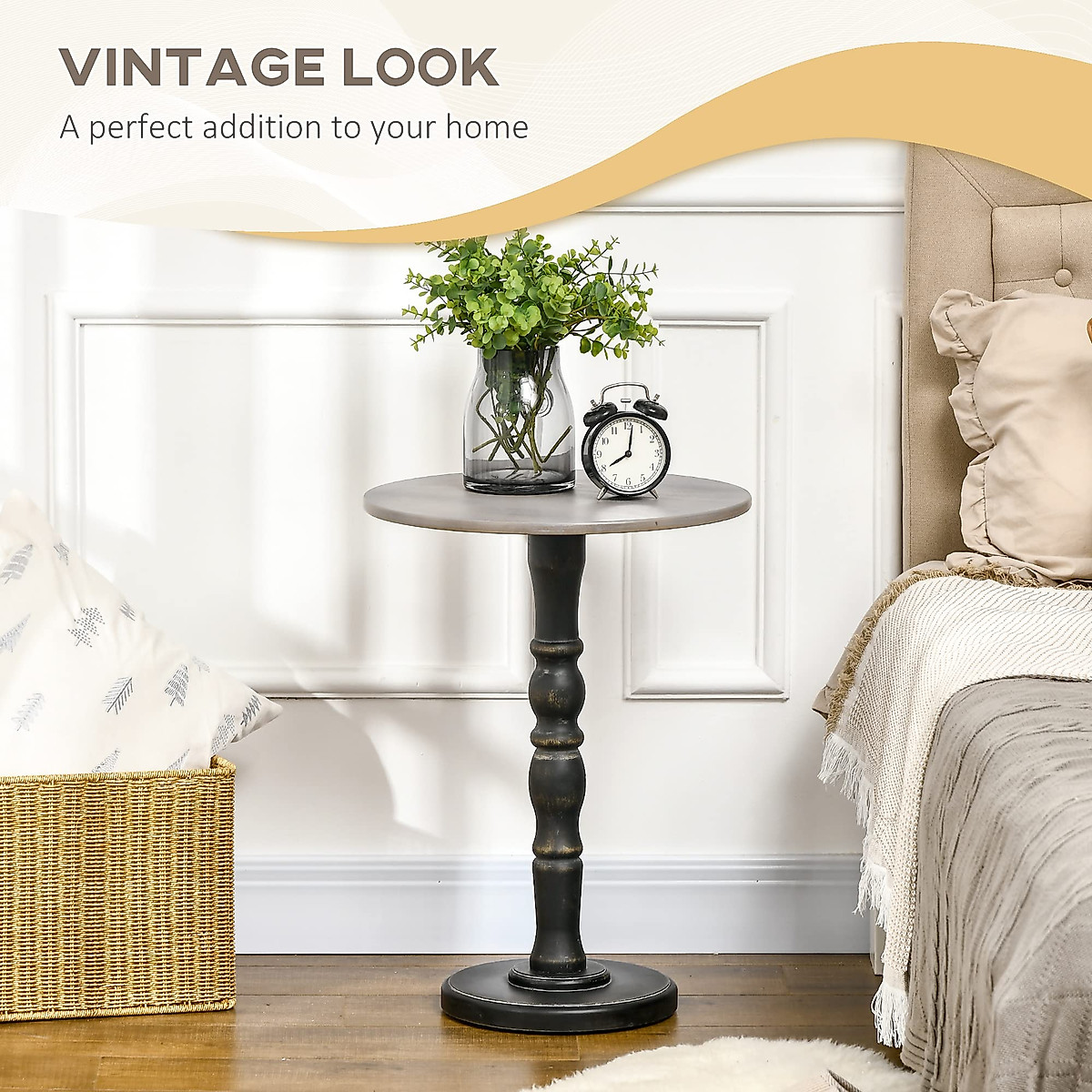 HOMCOM Pedestal Side Table, Round End Table with Wooden Leg, Retro Accent Table for Small Spaces, Living Room, Bedroom, Light Gray