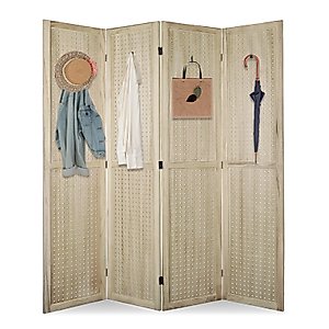 ECOMEX 4 Panel Room Divider, 5.6Ft Pegboard Display Wooden Room Divider Folding Privacy Screen Room Divider Freestanding Peg Board Display for Trade Show Craft Show Home Wall Organizer, Natural Wood