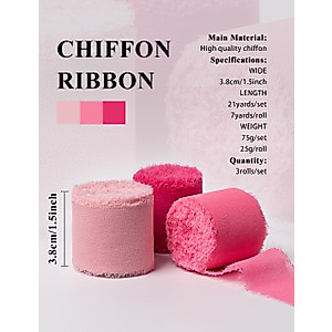 Sifleur Chiffon Ribbon, Hot Pink Pastel Pink 1.5''x21Yd Frayed Fringe Silk Ribbon for Gift Wrapping, Handmade Ribbons for Floral Vase, Halloween, Wedding, Birthday, Engagement, Bridal Shower, 3 Rolls