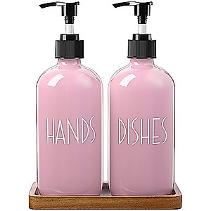 ALELION Dish Soap Dispenser for Kitchen - 16 OZ Glass Hand Soap Dispenser Set with Acacia Wood Tray - Pink Kitchen Bathroom Decor and Accessories