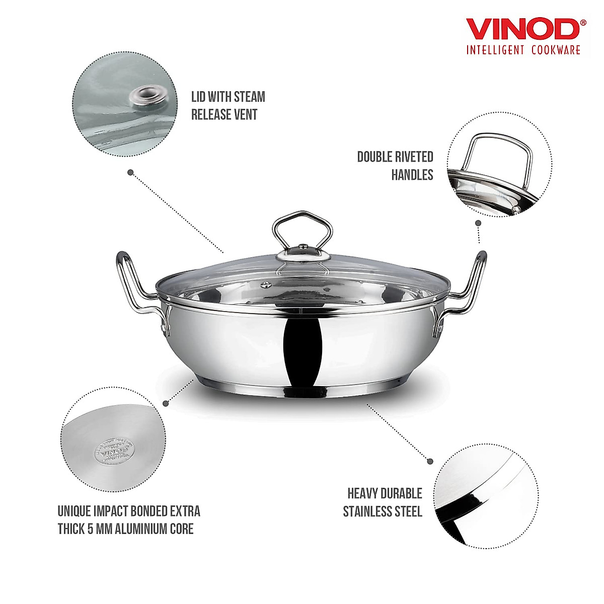 Vinod Stainless Steel Kadhai with Glass lid - Induction Friendly (18 cm/ 7 inch) – 1.5 Liters(1.7 Quarts) – 6 Cups - Small Size - Multi-Use Pot – Suitable For Indian Cooking, Sauce, Deep Fry, Stew