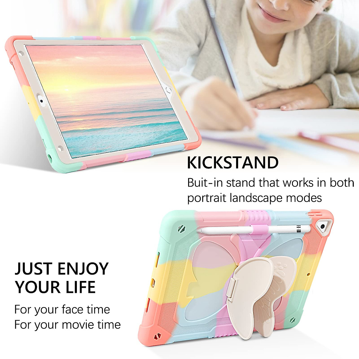 GUAGUA Compatible for iPad Air 2 Case for Kids, iPad 6th/5th Generation Case 2018/2017, iPad Pro 9.7 Case Kickstand Cover 2 in 1 Rugged Shockproof Anti-Scratch Tablet Case with Pen Holder, Colorful