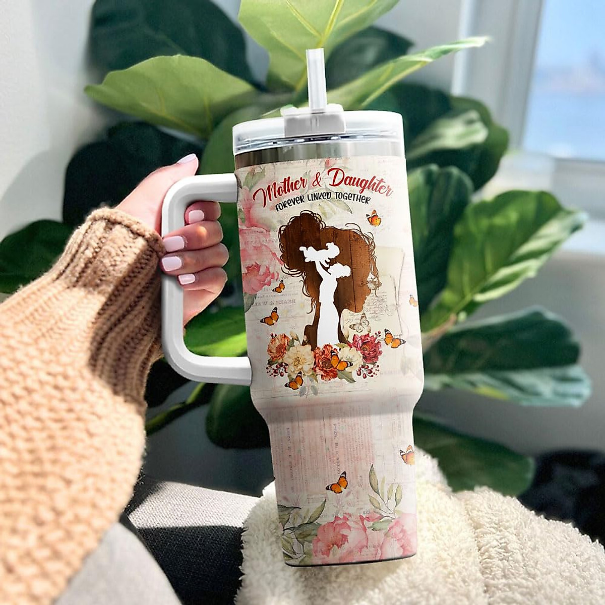 99WHALE Tumbler 40 Oz With Handle Lid And Straw, Mom Gifts, Butterfly Stainless Funny Primrose Modern Be Cups Coffee Quartz Mama Parade Cup Hot Yellow For Day To, Mother Daughter Floral