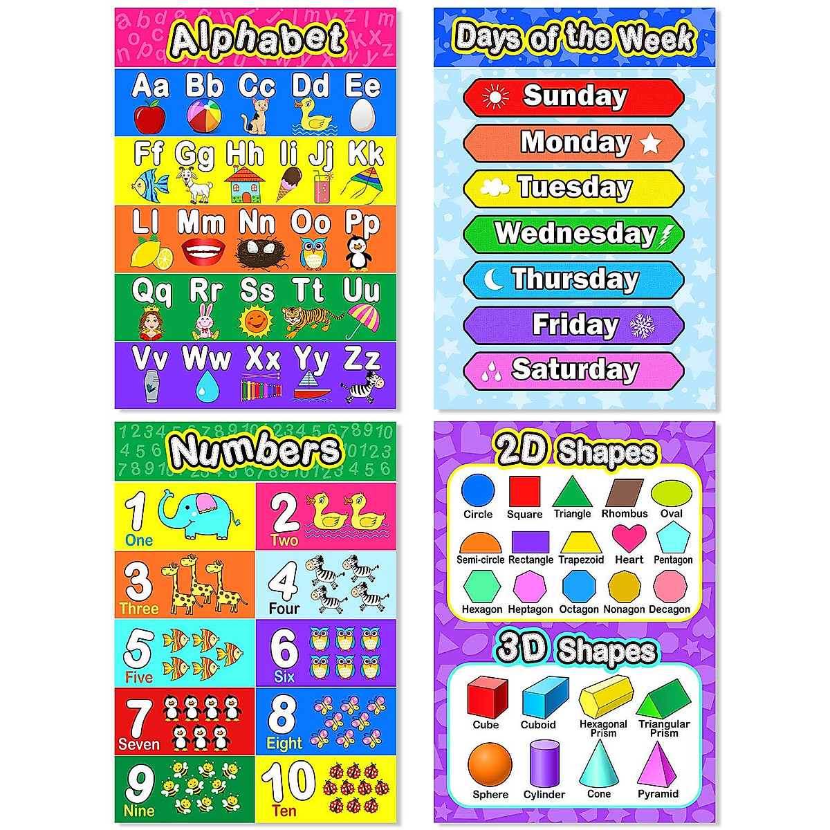8 Educational Preschool Posters for Toddler and Kid Learning with 60 Glue Point Dot for Nursery Preschool Homeschool Kindergarten Classroom - Teach Numbers Alphabet Colors Months and More 16 x 11 Inch