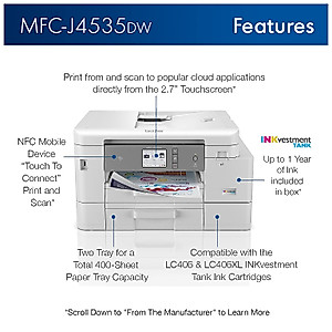 Brother INKvestment Tank MFC-J4535DW Wireless Color All-in-One Inkjet Printer - Print Copy Scan Fax - 20 ppm, 4800 x 1200 dpi, 8.5" x 14", Auto 2-Sided Printing, 20-Sheet ADF, Tillsiy Printer Cable