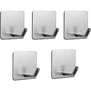 GOANDO 5 Pack Adhesive Hooks Heavy Duty Wall Hook Towel Hooks and Coat Hooks Stick on Cabinet Doors Stainless Steel Waterproof Self Adhesive Holders Kitchen