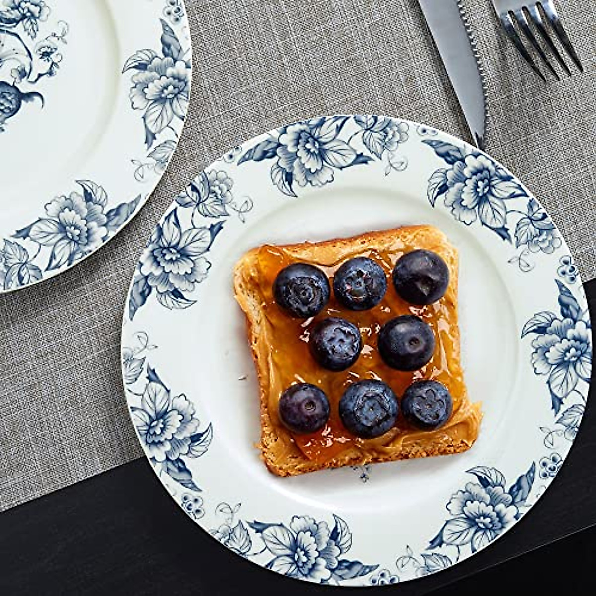 fanquare 8" Bone China Dessert Plates Set of 4, European Blue Floral Pasta Bowls Set, Porcelain Salad Plates for Soup, Microwavable Plates