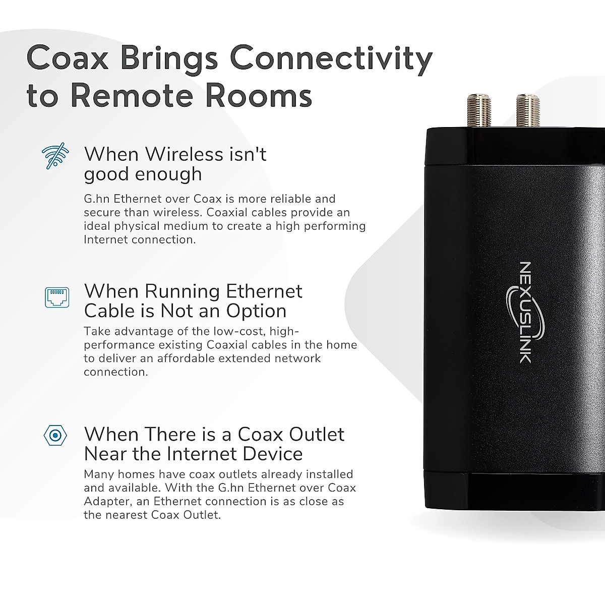 Nexuslink G.hn Ethernet Over Coax Adapter | 2000 Mbps, Fast and Secure Network Performance, Online Gaming and Streaming in Hard-to-Reach Locations, 2 Units (GCA-2000-KIT)
