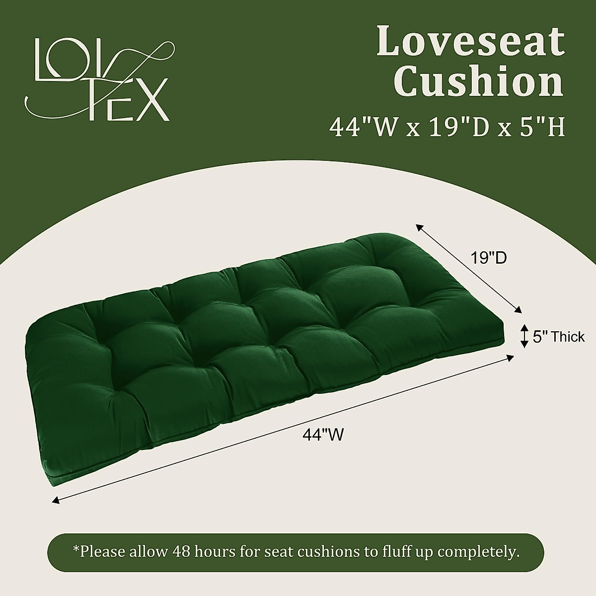 LOVTEX Tufted Bench Cushions for Outdoor Furniture Waterproof, 44 x 19 InchesPatio Swing Cushions Green - Overstuffed Indoor/Outdoor Loveseat Cushions with Round Corner