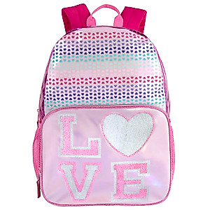 MADISON & DAKOTA Holographic Laser Rainbow Hearts Vinyl Backpack with Water Bottle Pockets, Padded Straps (Glitter Love)
