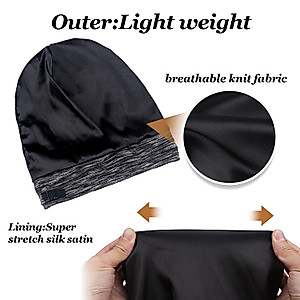 Naivlizer Satin Lined Hair Bonnet Sleep Cap, Adjustable Slouchy Sleep Bonnet, Hair Wrap for Frizzy Curly Hair Locs, Hair Protect Night Sleeping Beanie for Men & Women, Black