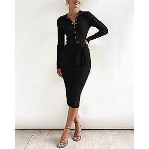 BTFBM 2023 Women V Neck Long Sleeve Bodycon Sweater Dress Button Up Tie Waist Ribbed Knit Midi Pencil Dresses with Belt(Solid Black, Large)