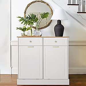 eclife Double Kitchen Trash Cabinets Dual Tilt Out Trash Cabinet， Kitchen Hide Garbage Cans with Two Wood Hideaway Trash Holder Drawers, Free Standing Recycling Cabinet Trash Can Holder (Dual White)