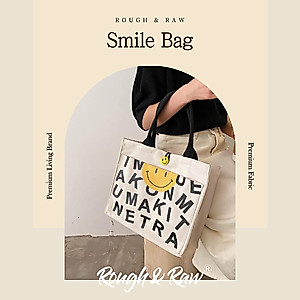 ROUGH & RAW, Tote Bag with Letter Smile Colorful Straps Shoulder Bag Canvas Single Shoulder Smile Face Bag Women`s Handbag Shopping Bags