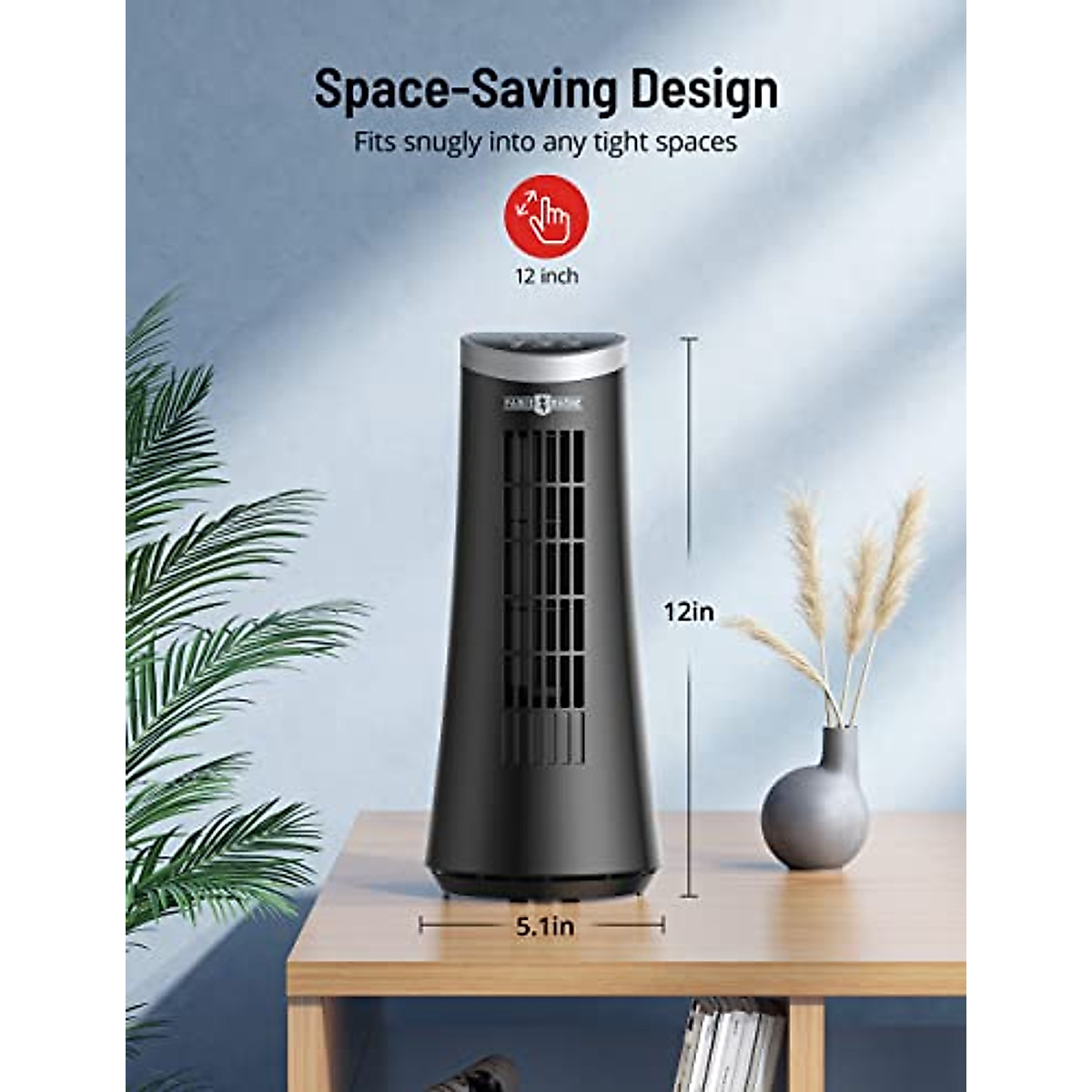 PARIS RHÔNE Small Tower Fan, 75° Oscillating Tower Fan with 2 Speeds, 12'' Cooling Desk Table Fan Portable Bladeless Fan for Bedroom Home Office Desktop