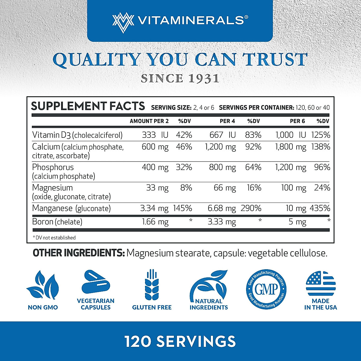 VITAMINERALS 95 Primacal® Bone Support Maximum Potency Calcium, Magnesium for Bone Loss (120)