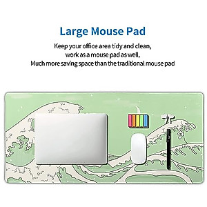 Matcha Green White Japanese Anime Gaming Mouse Pad XXL Cute Kawaii Sage Aesthetic Sea Wave Extended Large Desk Mat Non-Slip Rubber Base Stitched Edge Keyboard Mousepad for PC Laptop,35.4×15.7 in