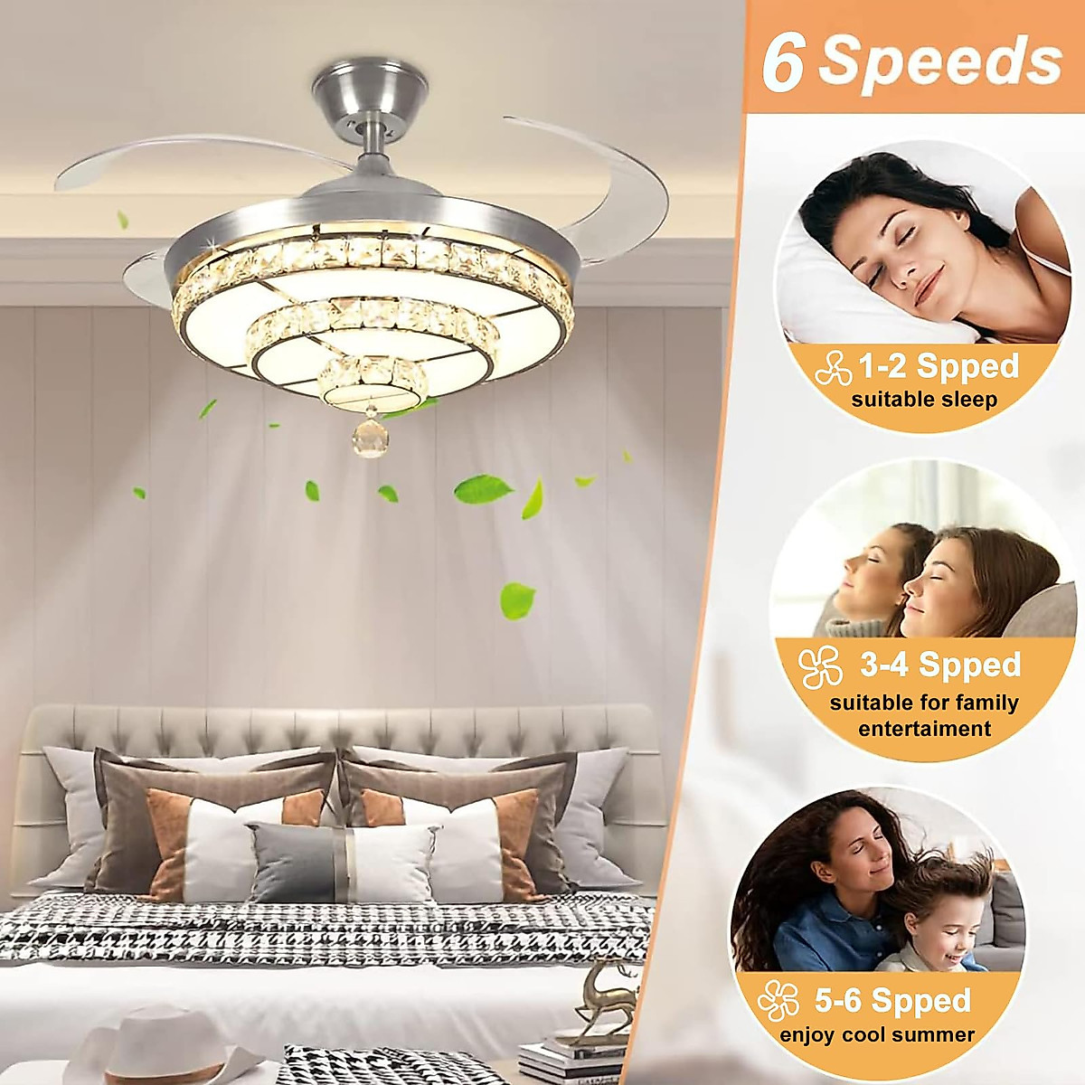 DLLT 42'' Crystal Ceiling Fan with Light, 36W Modern Reversible Ceiling Fan Remote, 3-Blade Retractable LED Fan Chandelier Indoor for Living Room, Bedroom, Dining Room, 3CCT 3000K-6000K, Nickel