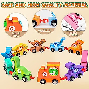 Toddler Dinosaur Toys Age 2-4: IPOURUP Wooden Dinosaurs Train Set Montessori Educational Toys for 2 3 4 5 6 Year Old Boys Girls Kids Birthday Gifts 11 PCS Trains Car with Numbers for Toddlers Toy Gift