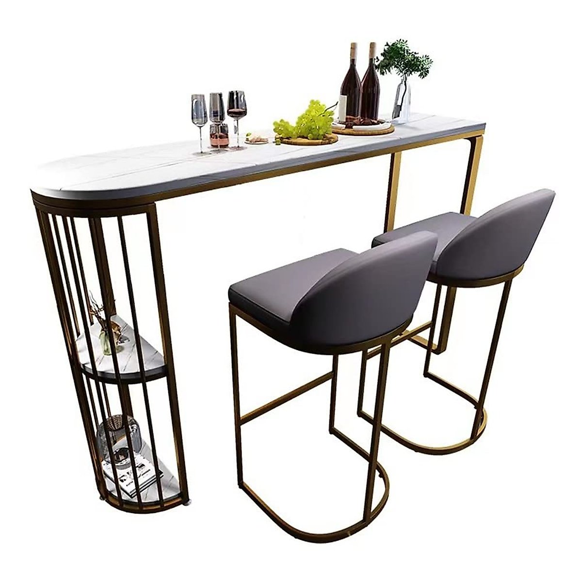LITFAD Modern Bar Table Set Slate Counter Table with High Stools Home Dining Table with 2 Counter Stools Luxury Kitchen Table Chair - 3 Pieces: White-Gold Table, 2 Stools