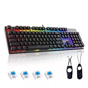 PC Gaming Keyboards RGB Backlit Mechanical Keyboard ABS keycap Programmable Macro Detachable USB Wired Keyboard for Windows PC（104 Keys Blue Switch