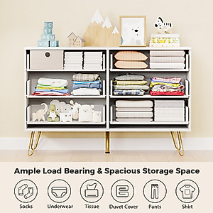 Vrullu White Dresser for Bedroom, Wide Wood 6 Drawer Dressers & chests of Drawers, TV Stand for 55" TV, Modern Storage Drawers for Entryway, Closet, Hallway (1, White)