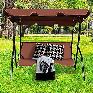 Tangkula 3 Person Porch Swing, Patio Swing with Removable Cushion & Powder-Coated Steel Frame, Outdoor Swing with Canopy for Porch, Backyard, Garden, Balcony (Coffee)