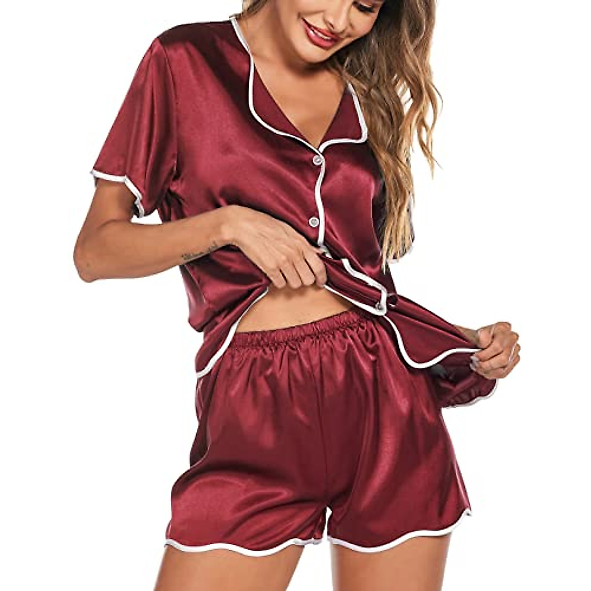 eshion Women's Short Sleeve Pjs Silk Pajama Top with Shorts Set Comfortable Summer Loungewear (Wine Red,XXL)