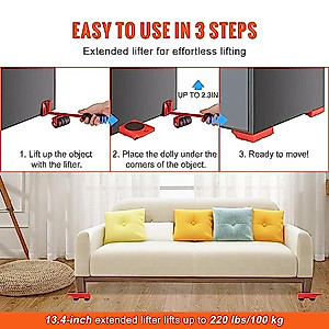 VEVOR Furniture Movers Slides Kit,4 Pack Appliance Roller with 4PP Wheels & 360° Rotation Non-Slip Cap and Heightening Pads,250Lbs Capacity Furniture Lift Mover Tool Set for Moving Heavy Furniture,Red