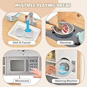 Costzon Kids Kitchen Playset, Wooden Pretend Cooking Toy with Sink & Faucet, Microwave, Dish Rack, Washing Machine, Play Kitchen with 15 PCS Toy Accessories for Toddlers, Gift for Boys Girls 3+