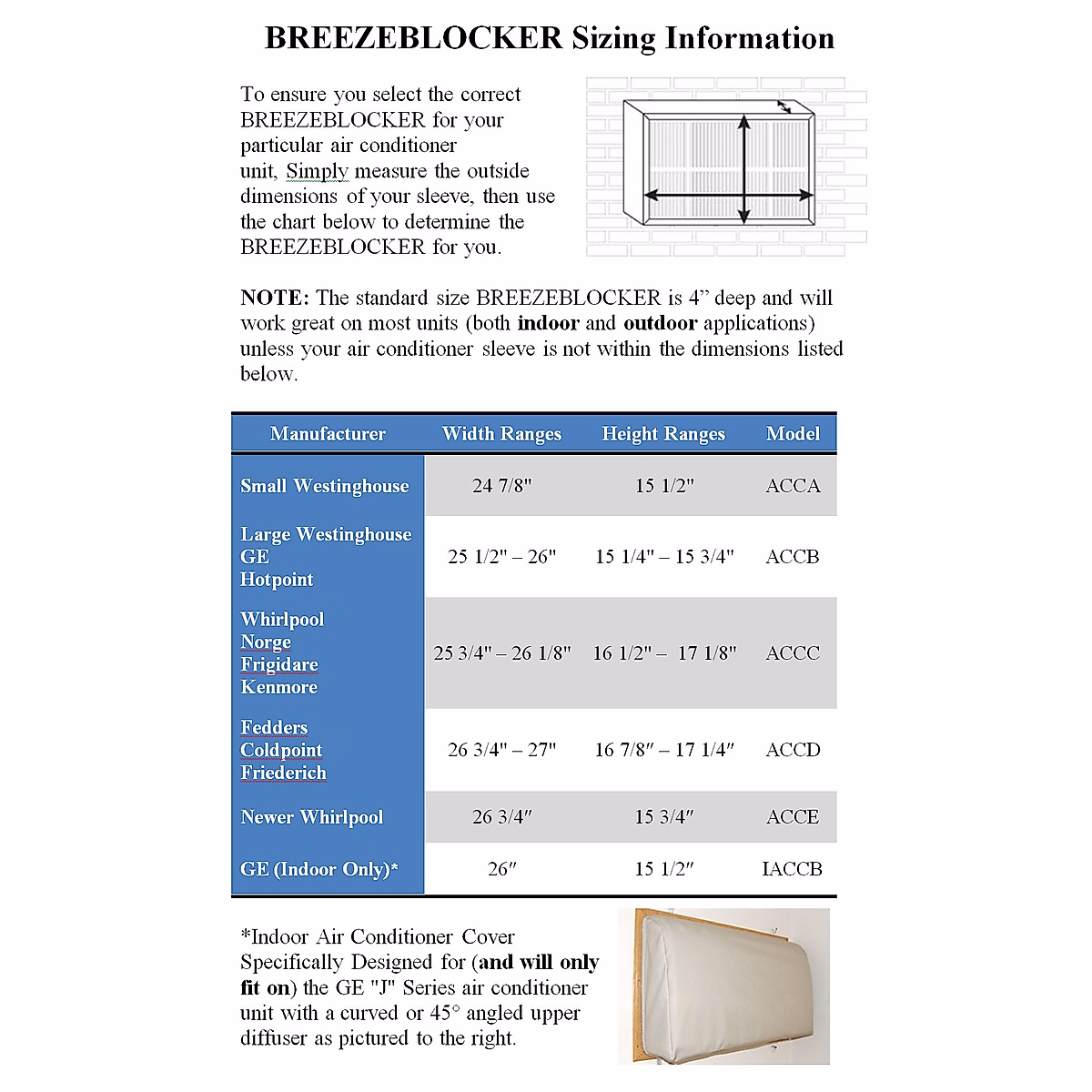 BREEZEBLOCKER Indoor/Outdoor Air Conditioner Cover for Fedders, Coldpoint and Friederich Units - Width Range 26-3/4" to 27" & Height Range 16-7/8" to 17-1/4"