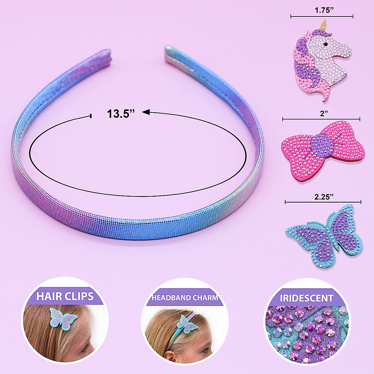 FROG SAC Interchangeable Charm Headbands for Girls, Butterfly Bow Unicorn Kids Headband, Sparkle Rhinestone Little Girl Hair Bands, Sparkly Toddler Hair Accessories for Children