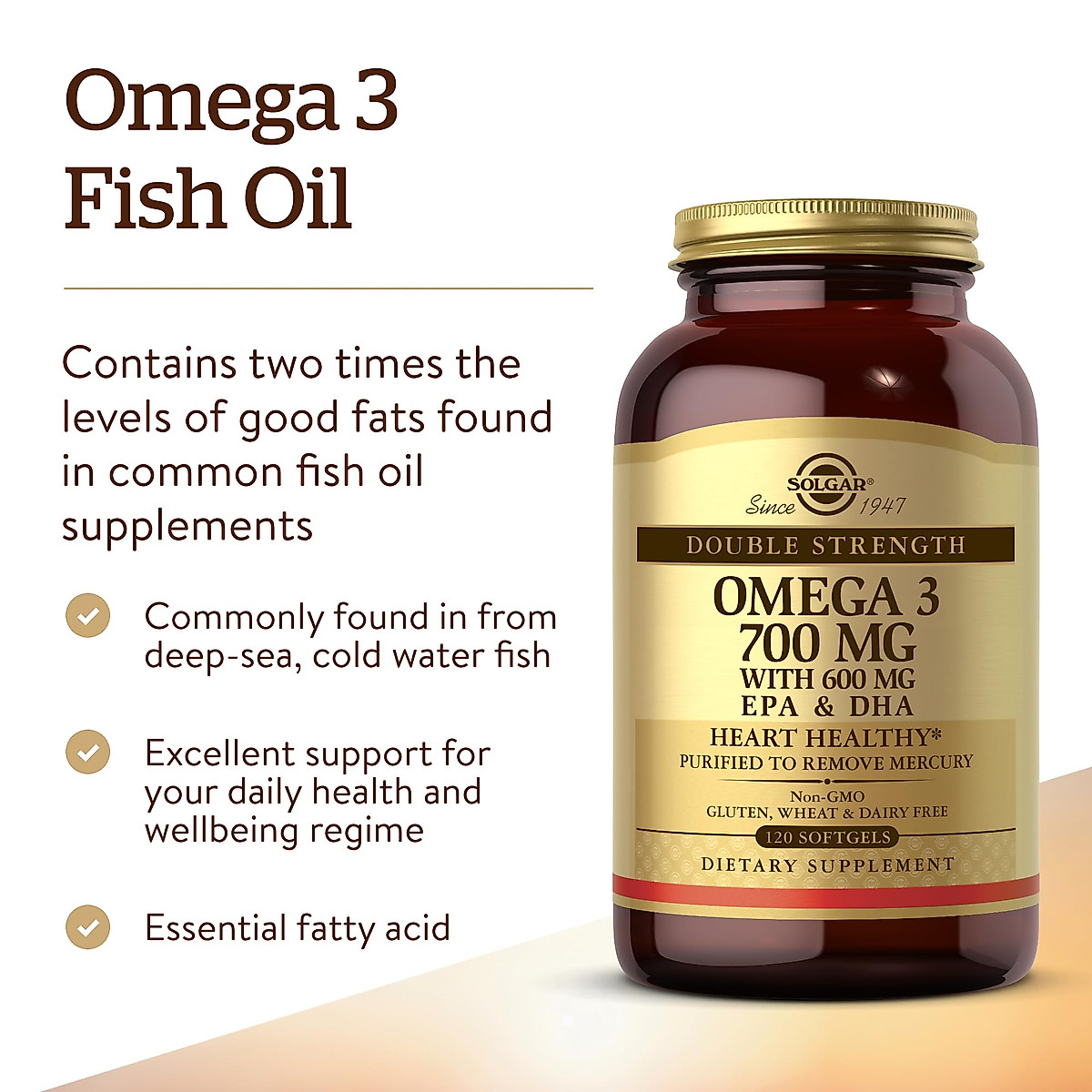 Solgar Double Strength Omega-3 700 mg, 120 Softgels - Fish Oil Supplement - Support for Cardiovascular, Joint & Cellular Health - Contains EPA & DHA Omega 3 Fatty Acids - Gluten Free - 120 Servings