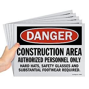 SmartSign 5-Pack 9" x 12" 'Construction Area, Authorized Personnel Only, Hard Hats/Safety Glasses Required' OSHA Signs, Screen Printed, 10 mil Polystyrene Plastic, Red/Black/White, USA-Made