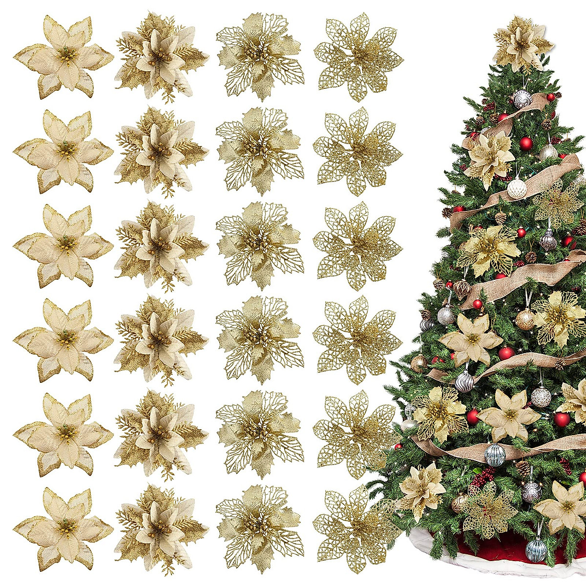 Whaline 24Pcs Christmas Poinsettia with 24Pcs Clips 4 Design Glitter Gold Artificial Flower Winter Party Supplies for Xmas Tree Ornament Wedding Birthday Wreath Decoration