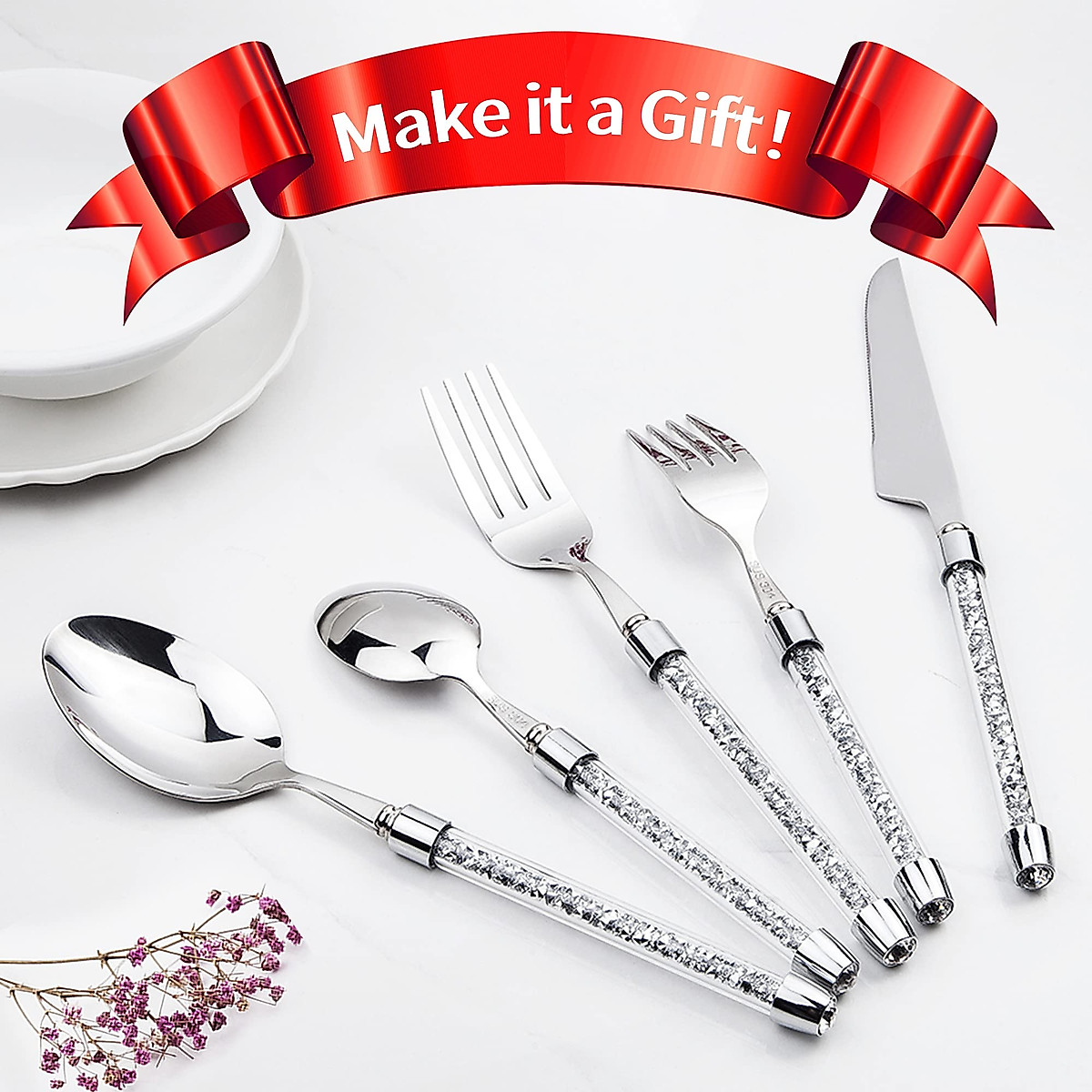 SHYFOY 5 Piece Modern Bling Silverware Set, 18 8 Stainless Steel Flatware, Mirror-Polished Luxury Cutlery, Crushed Diamond Dinner Service, Fork Knife Spoon, Teaspoon/Salad Fork Dishwasher Safe