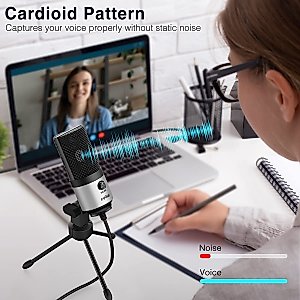 FIFINE USB Microphone for Zoom Video Meeting Online Class on PC Computer, Metal Condenser Desktop Mic with Gain Control for Windows and Mac, Silver - K669S