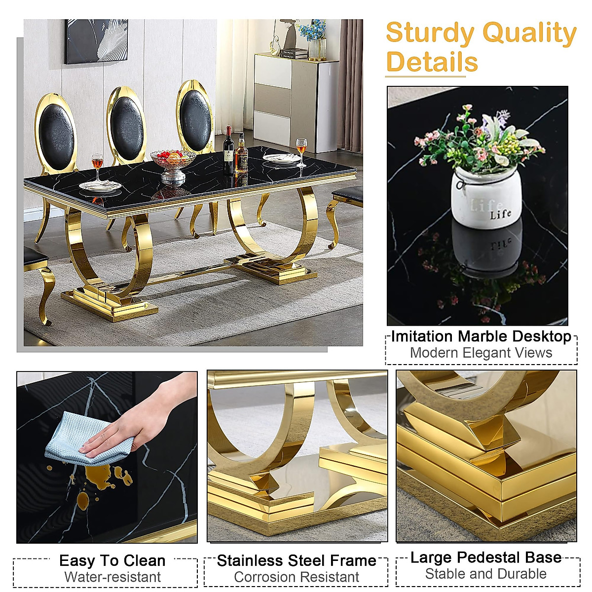 70" Marble Dining Table for 6-8, Luxury Gold Kitchen Table, Mid-Century Modern Black Fuax Marble Dining Room Table with Stainless Steel Pedestal, Large Dining Table for Kitchen Dining Office