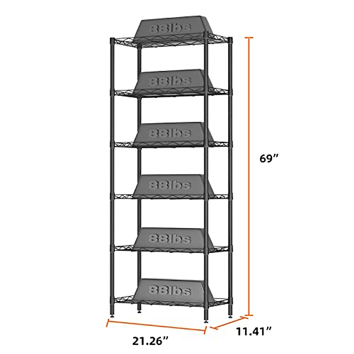 SINGAYE 6-Shelf Storage Shelf Wire Shelving Unit Metal Shelves Unit Storage Adjustable, Standing Shelf Units with PP Liner 21.25" W X 11.41D X 69 "H (Black)