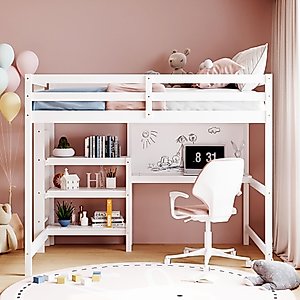 Full Size Loft Bed with Desk and Storage,Wood loft beds,for Girls Boys Teens Adults,No Box Spring Needed（White）