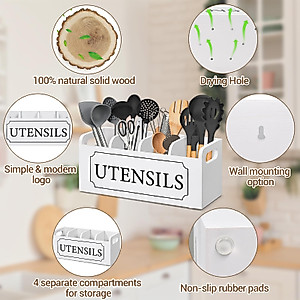 Anwelynd Large 4 Compartments Kitchen Utensil Holder for Countertop, Farmhouse Wood Utensil Caddy Utensil Crock, Rustic Utensil Organizer for Kitchen Counter Cooking Tools Storage Holder
