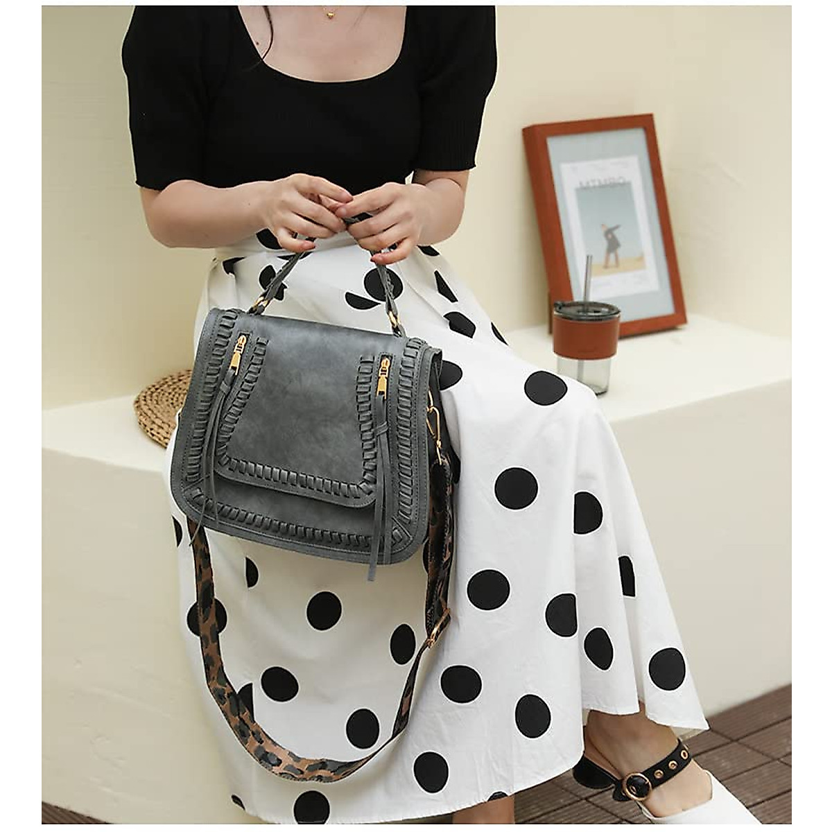 HANDAFA Convertible Satchel Handbag Woven Leopard Shoulder Hnadbag Crossbody With Gituar Strap For Women(Grey)
