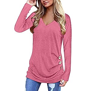 Women Long Sleeve Shirts Loose Side Button Trim Blouse Classic Color Patchwork V-Neck Tunic Pullover Tops Pink
