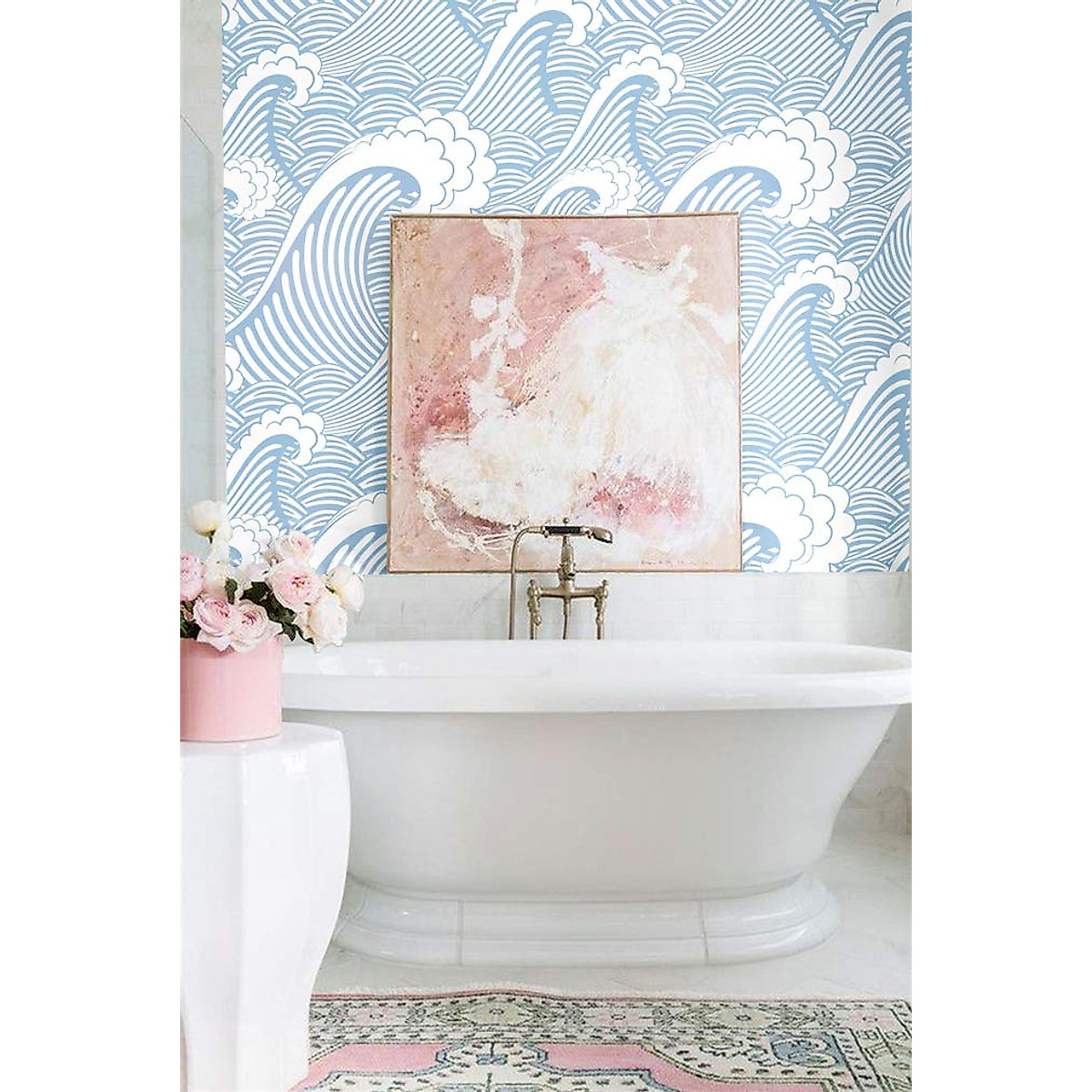 Blooming Wall CPS030 Peel&Stick Handpainting Seamless Blue White Waves Sea Sprays Self-Adhesive Prepasted Wallpaper Wall Mural (17.7“x118”)