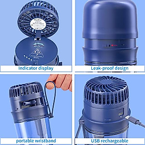 HandFan Bottle - 20 oz, 2 Lids (Straw Lids), Leak Proof - Fitness Water Bottles and Flasks with Cooling Handheld Fan for Men, Women and Children - Valentine's Day Gift for Men or Women - Blue