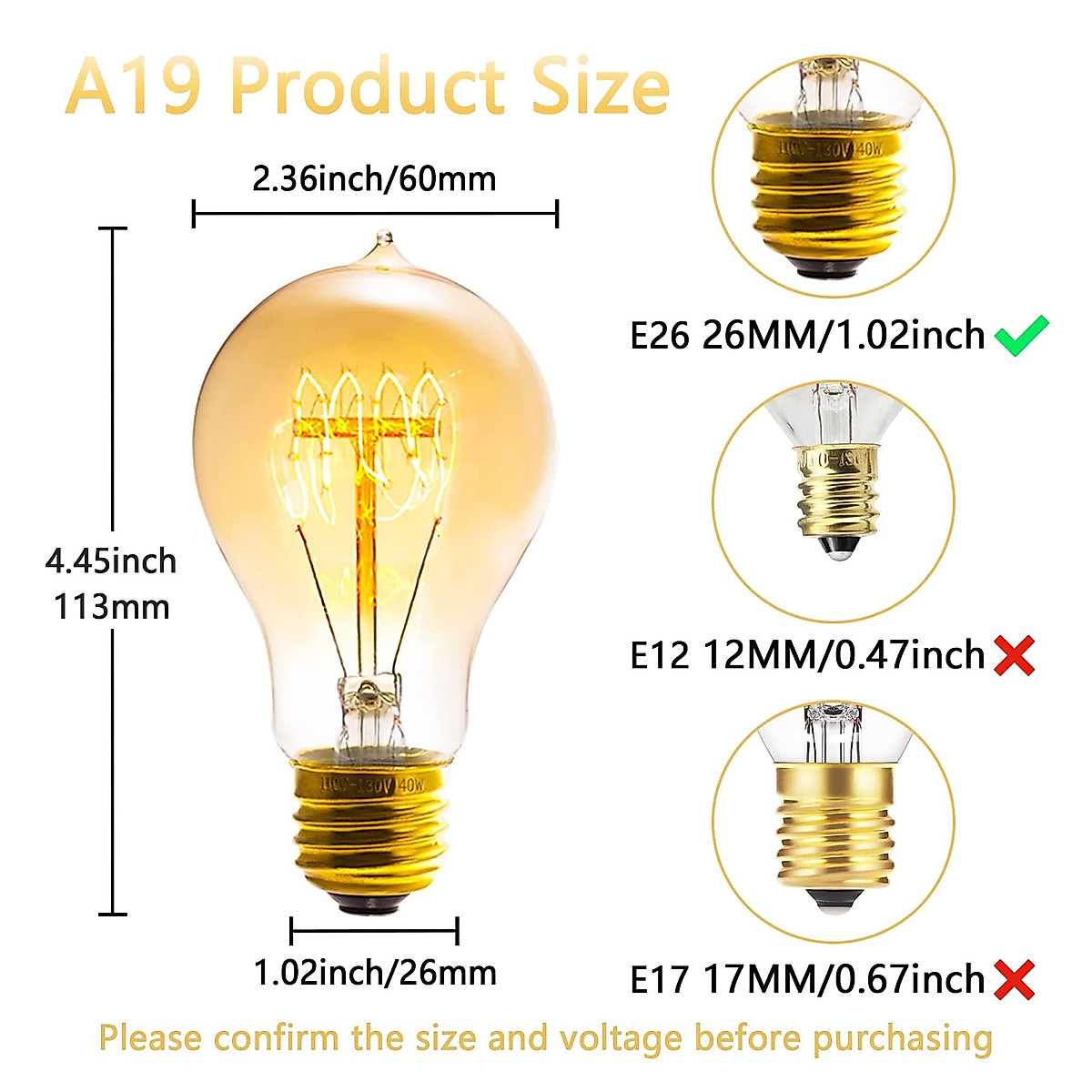 Sevici Edison Bulbs, A19 Bulbs 6 Pack, Dimmable 120V 40W Vintage Amber Glass, 240 Lumens E26 Base, Retro StyleIncandescent Bulbs, 2200K Warm Yellow Light, for Home Office Desk Lamp Stand