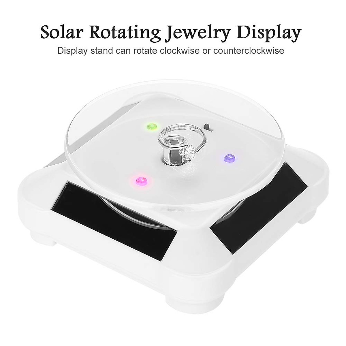 Solar Turntable For Jewelry Exhibition,Solar Showcase 360 Degrees Display Stand, Rotating Turntable with LED Light for Watch Phone Jewelry Display Stand(White)