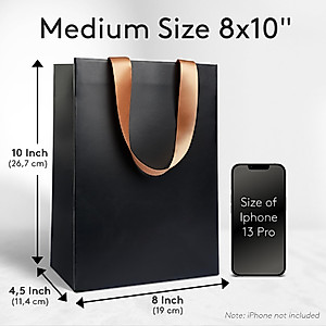 Anavego 6 First-Class Black Gift Bags with Metallic Markers for Personalization & Tissue Paper. Medium Size 8x10″. Matte & Sturdy. Handles from Gold Satin. Birthday Bags Set for Women & Men