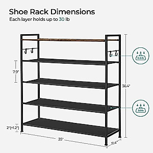 SONGMICS Shoe Rack Storage Organizer 5 Tier, Metal Shoe Rack Storage Shelf for Closet Entryway, Sturdy Large Shoe Stand for 20-25 Pairs with 4 Hooks, Adjustable Feet, 5 Fabric Shelves, Not Wooden Top