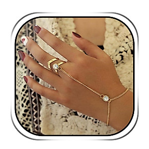 Acedre Boho Crystal Bracelets Gold Hand Harness Bangle Finger Rings Hand Accessories for Women